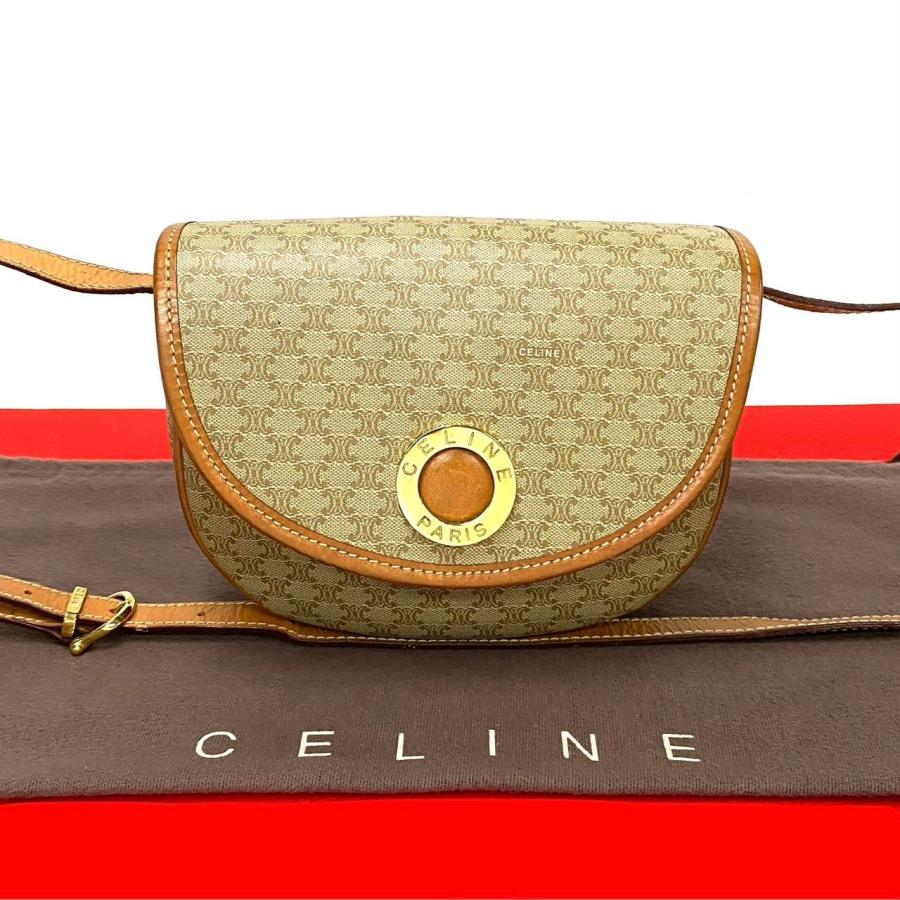 CELINE（セリーヌ） 極 美品 マカダム ブラゾン 柄 サークル ロゴ 金具 レザー 本革 ショルダーバッグ ポシェット ベージュ ...