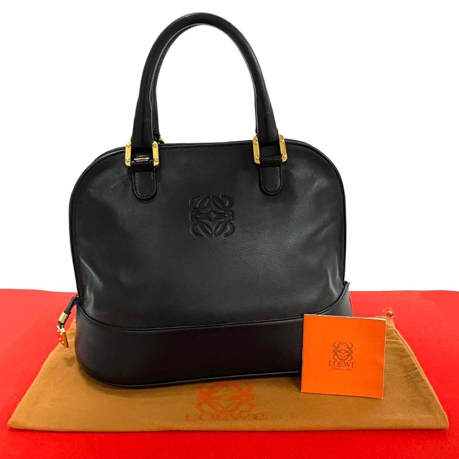 LOEWE 極 美品 希少品 ロエベ ヴィンテージ アナグラム ロゴ エンボス レザー 本革 ハンドバッグ ミニ トートバッグ ブラック ...