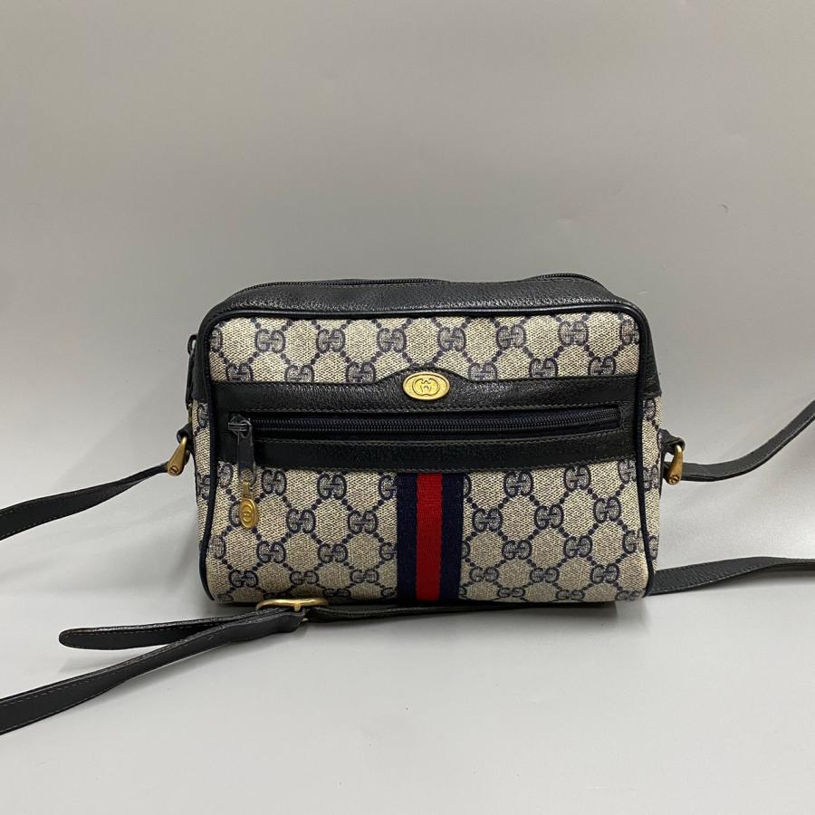 GUCCI 美品 オールドグッチ グッチ ヴィンテージ シェリーライン GG ロゴ レザー 本革 ミニ ショルダーバッグ ポシェット ネイビー ...