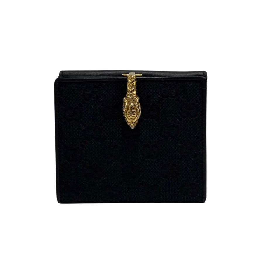 極 美品 希少品 GUCCI グッチ タイガーヘッド 金具 レザー 本革 GGキャンバス 二つ折り 財布 ミニ ウォレット ブラック 黒 ...