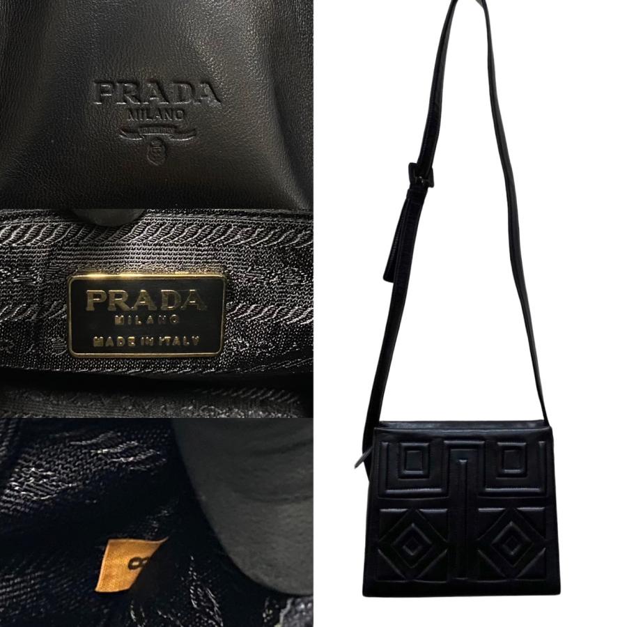 PRADA（プラダ） 極 美品 希少品 ロゴ ラムスキン レザー 本革 ミニ ワン ショルダーバッグ ポシェット サコッシュ ブラック 黒 ...