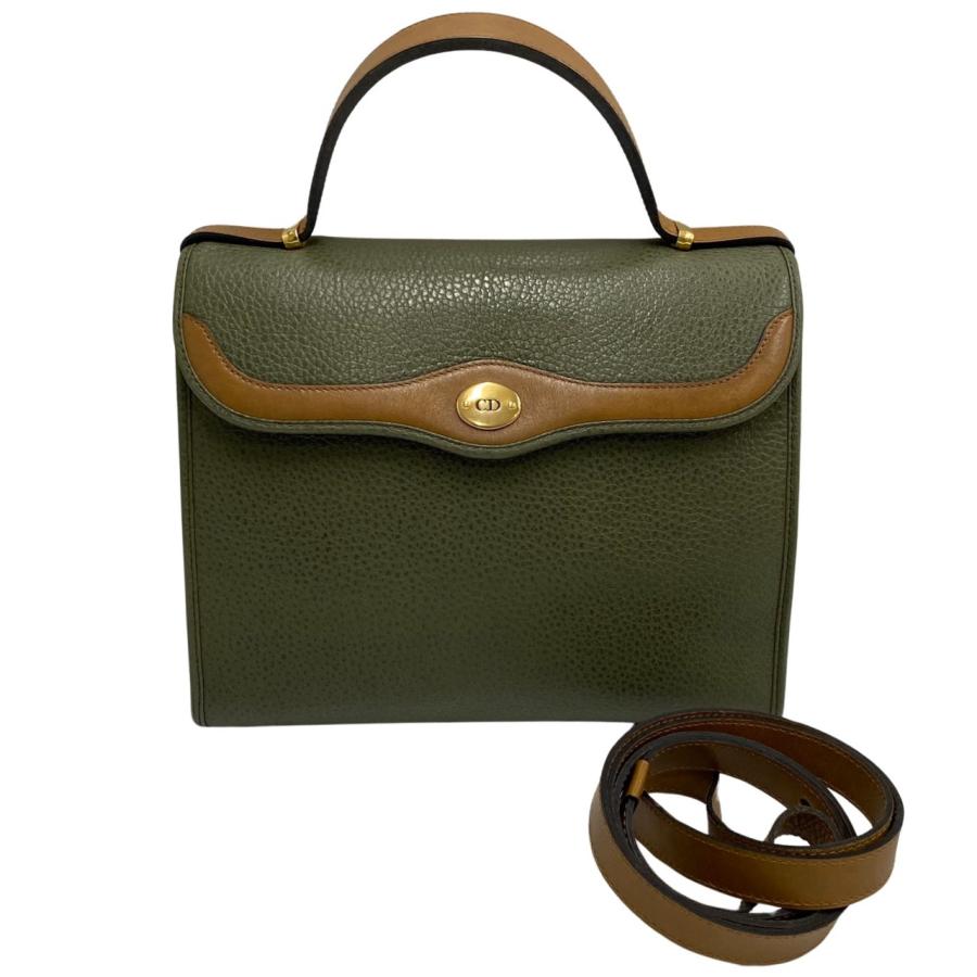 極 美品 Christian Dior ディオール CD ロゴ 金具 レザー 本革 2way ハンドバッグ ショルダーバック バイカラー ...