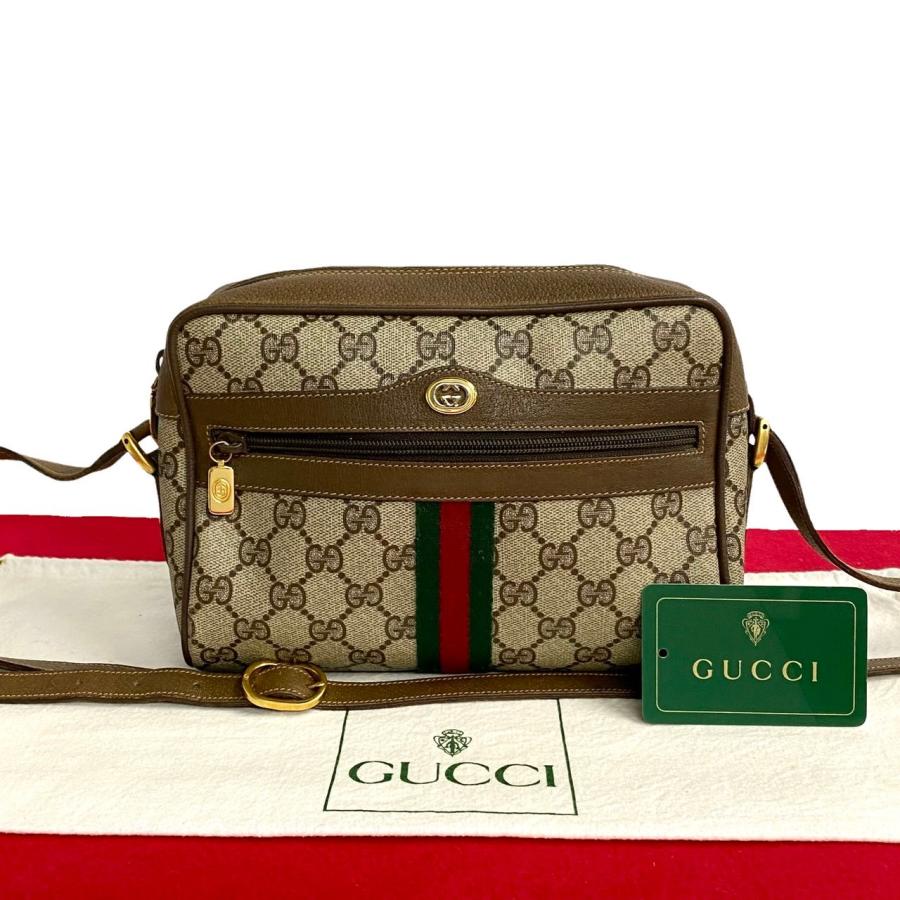 GUCCI ほぼ未使用 オールドグッチ グッチ ヴィンテージ シェリーライン GGモノグラム レザー 本革 ミニ ショルダーバッグ ブラウン ...