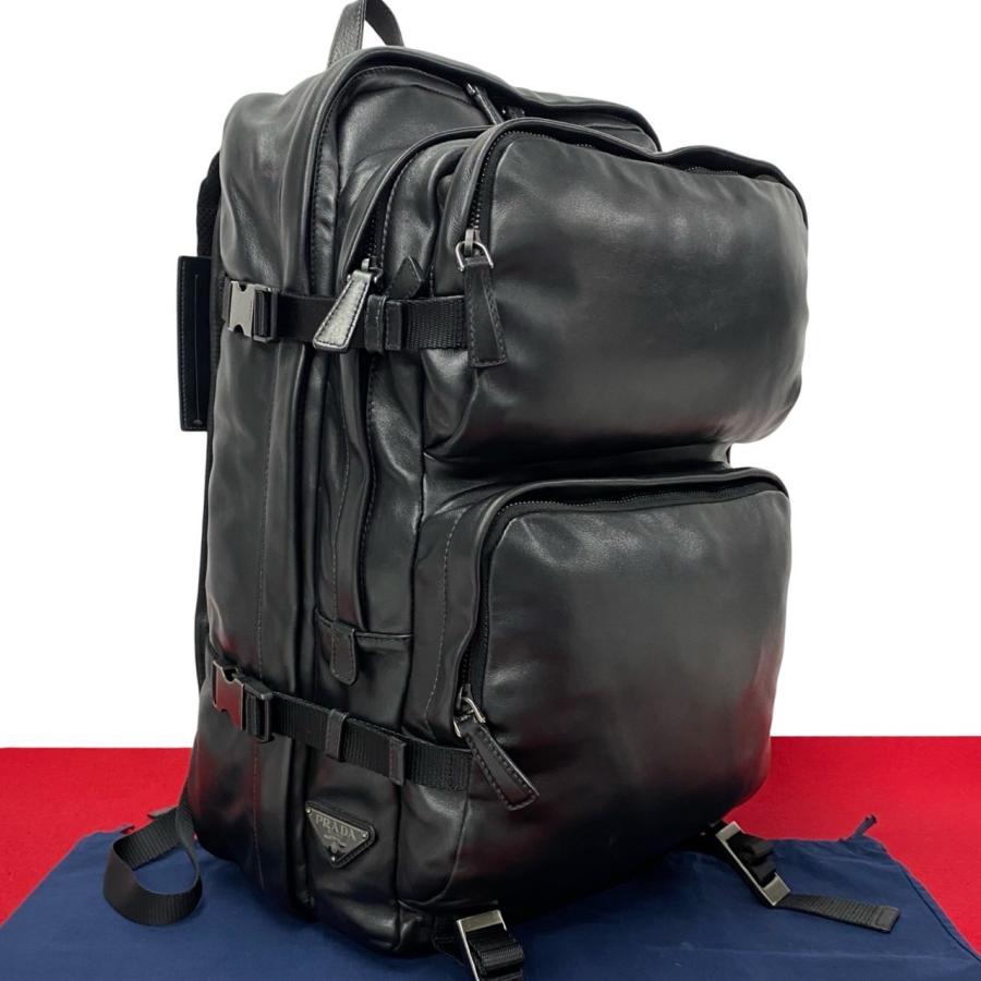 PRADA 極 美品 プラダ 三角ロゴ 金具 オールレザー ナイロン リュックサック バックパック ブラック メンズ 32231 : Trip ...