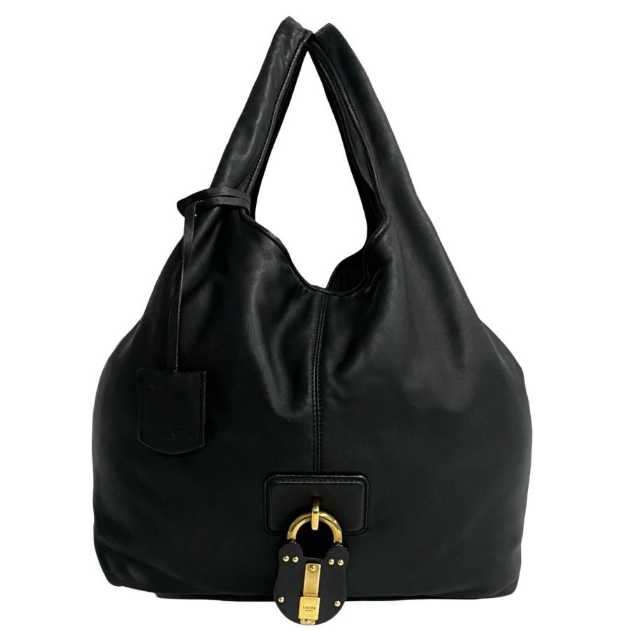 LOEWE（ロエベ） 極 美品 希少 袋 クロシェット チャーム付き カリエ レザー 本革 ハンドバッグ ミニ トートバッグ ブラック 黒 ...