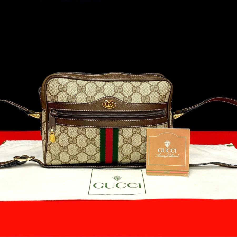 GUCCI 極 美品 グッチ オールドグッチ シェリーライン GG ロゴ 柄 レザー 本革 ミニ ショルダーバッグ ポシェット ブラウン ...