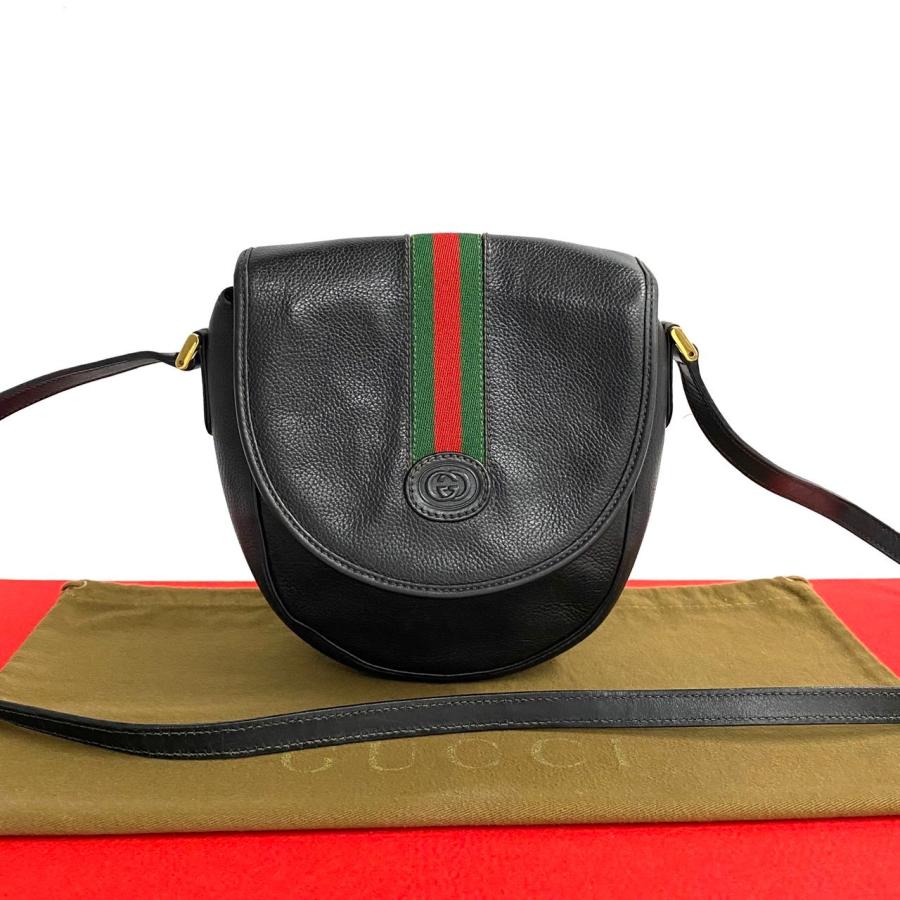 GUCCI 極 美品 グッチ オールドグッチ ヴィンテージ シェリーライン GG ロゴ レザー 本革 ショルダーバッグ ポシェット ブラック ...