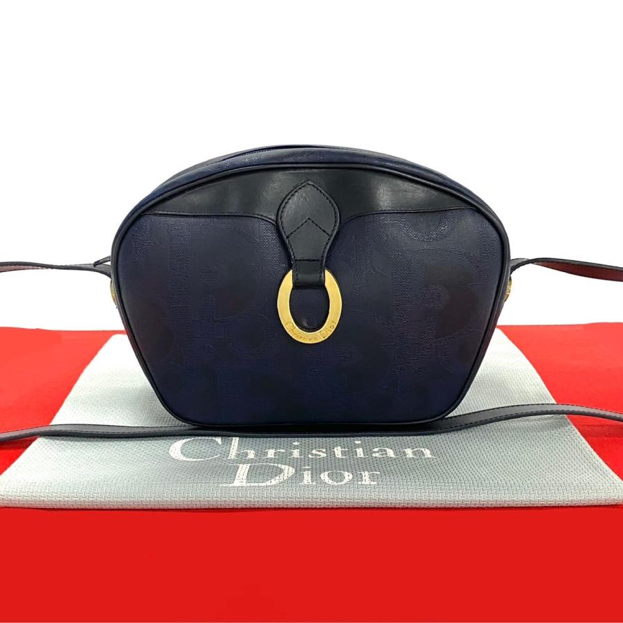 極 美品 Christian Dior ディオール トロッター 柄 ロゴ 金具 レザー 本革 ミニ ショルダーバッグ ポシェット ネイビー 紺 ...