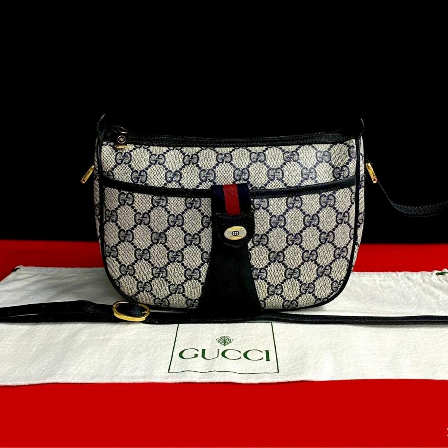 GUCCI 極 美品 グッチ オールドグッチ ヴィンテージ シェリーライン GG ロゴ 金具 レザー ショルダーバッグ ポシェット ネイビー ...