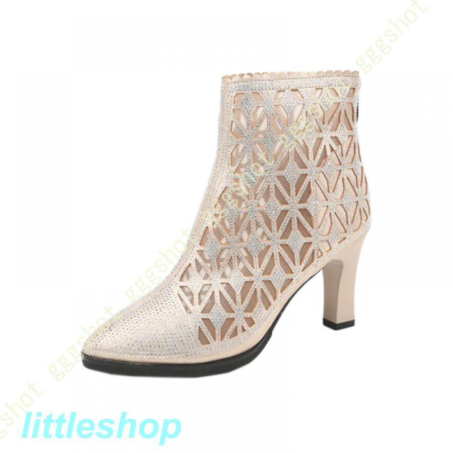 メッシュ ブーツサンダル サマーブーツ キラキラ ポインテッドトゥ 太ヒール 8cmヒール バックジッパー 履きやすい アンクル丈 美脚 おしゃれ ビジュー : リトルショップ - 通販 ...