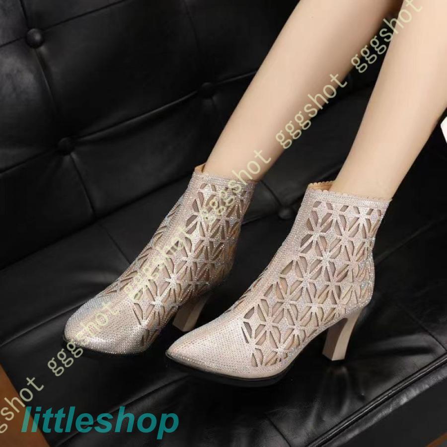 メッシュ ブーツサンダル サマーブーツ キラキラ ポインテッドトゥ 太ヒール 8cmヒール バックジッパー 履きやすい アンクル丈 美脚 おしゃれ ビジュー :syuuzu18-4543 ...