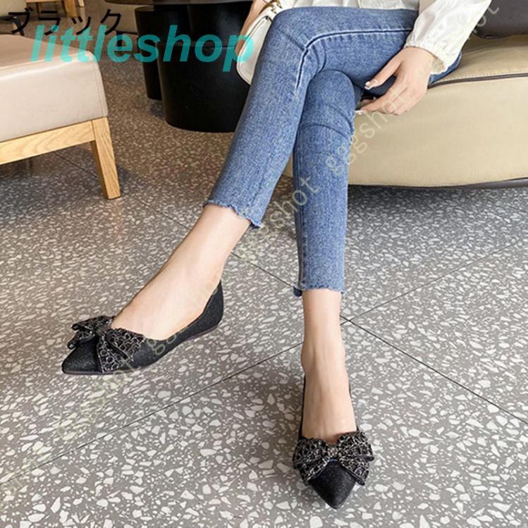 キラキラ リボン パンプス 痛くない 柔らかい 脱げない バレエシューズ フラットシューズ 靴 レディース 歩きやすい 黒 ローヒール フラットシューズ : syuuzu18-5124 ...