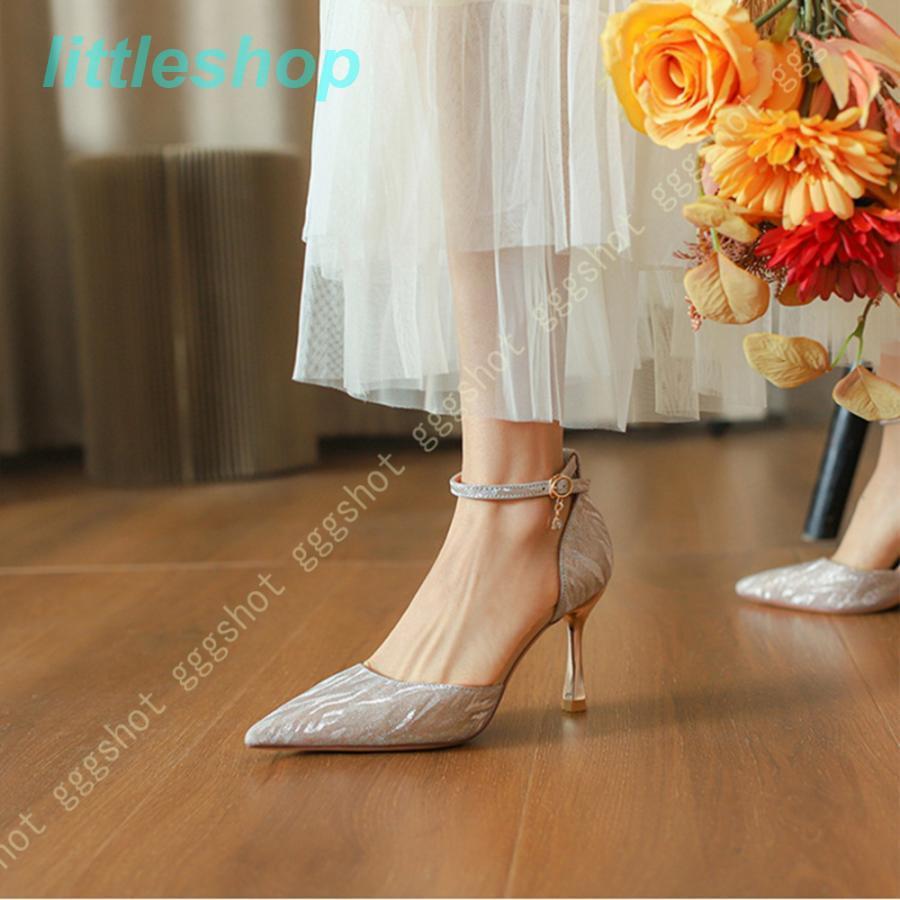 パンプス 結婚式 ローヒール ピンヒール ハイヒール ストラップ ポインテッドトゥ グリッター キラキラ ラメ レディース シルバー シャンペン 二次会 キャバ : syuuzu18-6173 ...