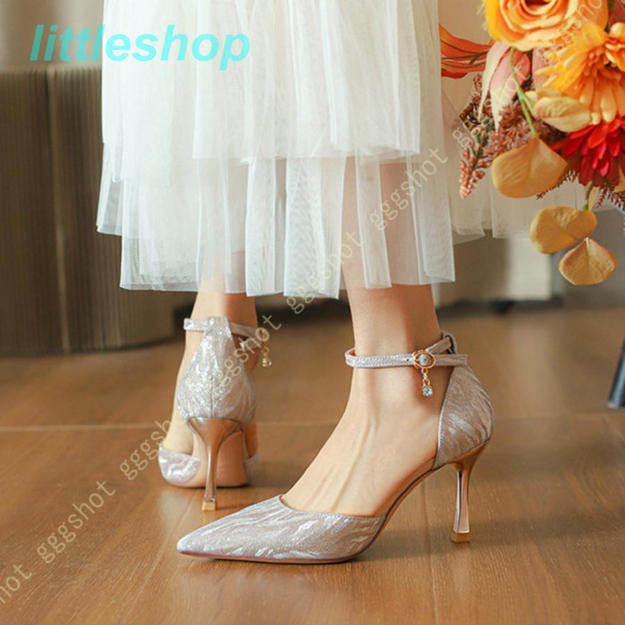 パンプス 結婚式 ローヒール ピンヒール ハイヒール ストラップ ポインテッドトゥ グリッター キラキラ ラメ レディース シルバー シャンペン 二次会 キャバ : syuuzu18-6173 ...