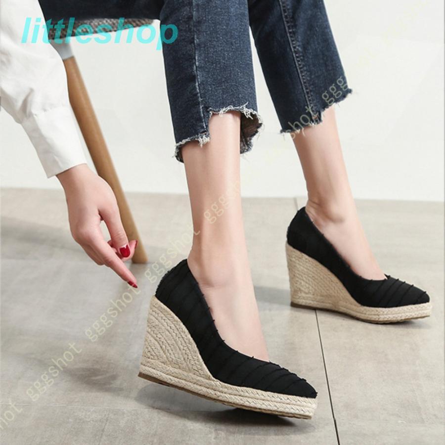 ポインテッドトゥ パンプス ウェッジソール スリッポン 軽量 ウエッジソール ジュート 10センチヒールウエッジソール レディース 靴 厚底 夏 春 幅広 :syuuzu18-6323:リトル ...