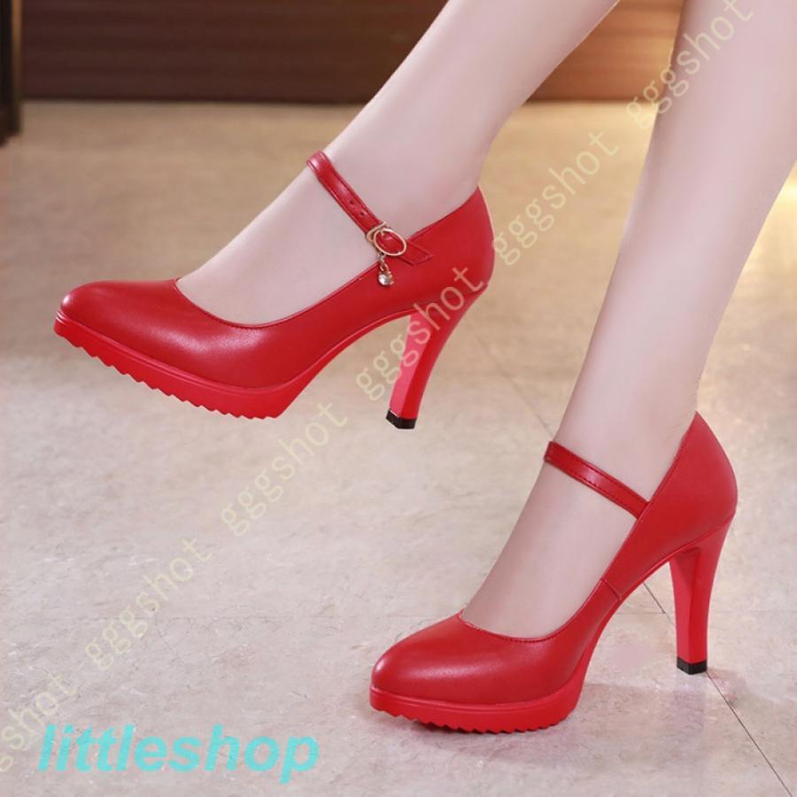 厚底 アンクル ストラップ 付き パンプス ハイヒール ヒール 高め ラウンドトゥ ヒール 太め レディース OL 6cm 大きいサイズ 8CMヒール 歩きやすい 可愛い :syuuzu18 ...