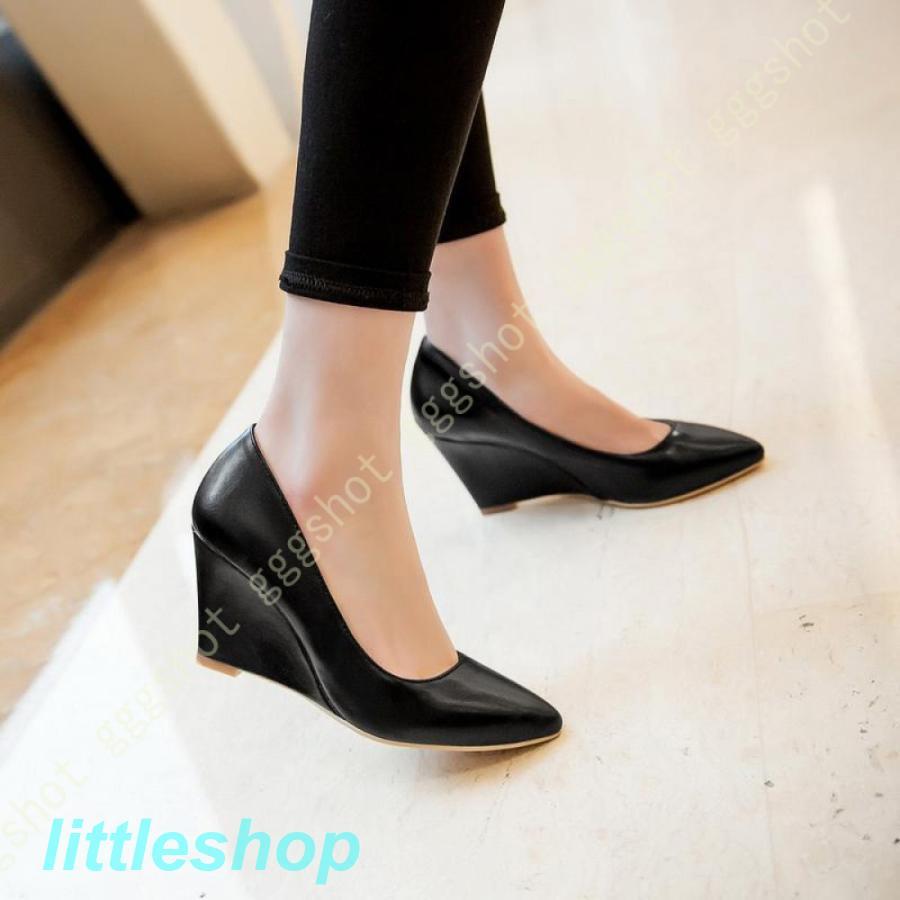 ヒールパンプス 痛くない ポインテッドトゥ ウエッジソール パンプス 美脚 無地 ポインテッドトゥ シューズ ウェッジソール パンプス レディース 黒 :syuuzu18-87:リトルショップ ...