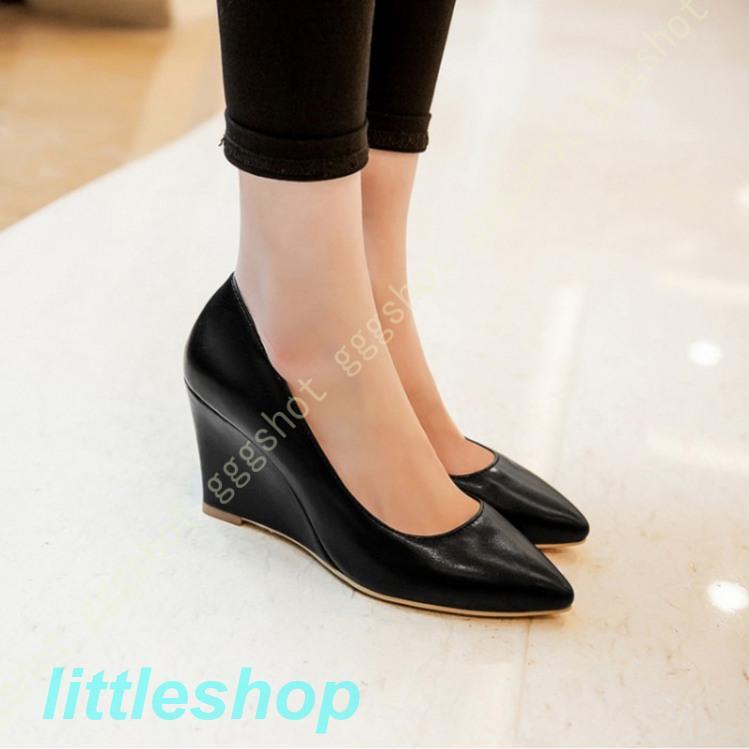 ヒールパンプス 痛くない ポインテッドトゥ ウエッジソール パンプス 美脚 無地 ポインテッドトゥ シューズ ウェッジソール パンプス レディース 黒 :syuuzu18-87:リトルショップ ...