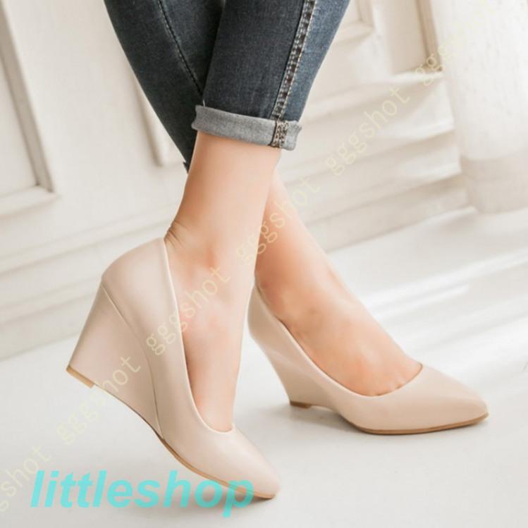 ヒールパンプス 痛くない ポインテッドトゥ ウエッジソール パンプス 美脚 無地 ポインテッドトゥ シューズ ウェッジソール パンプス レディース 黒 :syuuzu18-87:リトルショップ ...