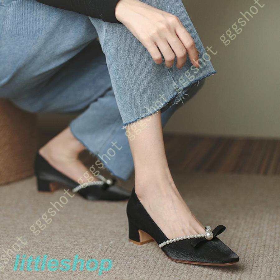 スクエアトゥ きれい パンプス 太ヒール 美脚 シューズ 綺麗 痛くない 歩きやすい フォーマル 4.5cmヒール 黒 真珠付き Vカット 歩きやすい シンプル : syuuzu18-8941 ...