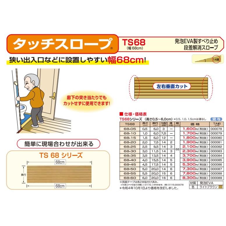 段差解消 屋内用 スロープ 段差 タッチスロープ 幅68cm TS68-25 高さ2.5cm シンエイテクノ : 462006-6825 ...