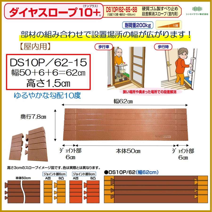 シンエイテクノ 段差解消 屋内用 スロープ 段差 ダイヤスロープ10＋ 幅62cm DS10P/62-15 高さ1.5cm : 生活・介護用品 ...