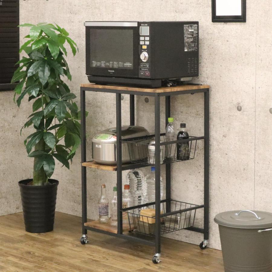 レンジラック ヴィンテージ調 スライドバスケット付 幅62cm （ キッチン収納 収納 メッシュ ラック 収納ラック キャスター ...