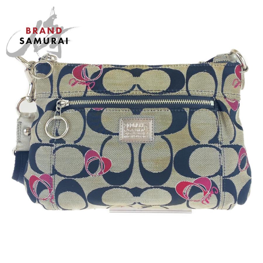 COACH（コーチ） シグネチャー ブラック ピンク シルバー金具 キャンバス ショルダーバッグ ポシェット 斜め掛け可能 レディース ...