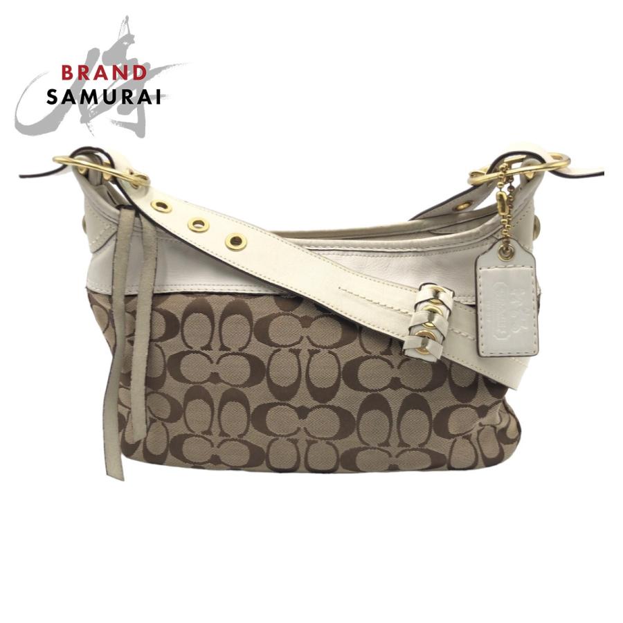 COACH 美品 コーチ シグネチャー ブラウン ホワイト ゴールド金具 キャンバス F11444 ショルダーバッグ 斜め掛け可能 レディース ...