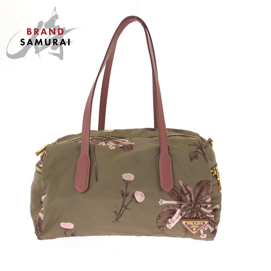 PRADA プラダ テスート 花柄 三角ロゴプレート ベージュ ピンク ナイロン ハンドバッグ ショルダーバッグ ミニボストンバッグ ...