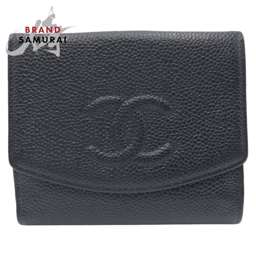 CHANEL 美品 シャネル ココマーク ブラック キャビアスキン 二つ折り財布 折財布 コンパクトウォレット レディース 500528 ...