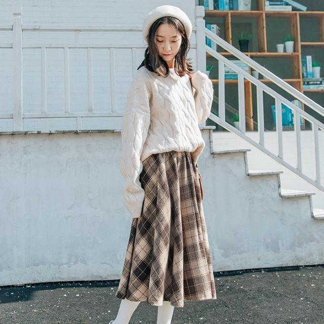 ロングスカート レディース ミモレ丈 膝下 秋冬 チェック柄 ウール