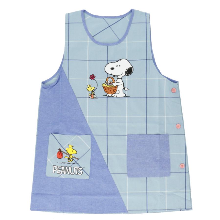 30587.ブルー格子 キャラクターエプロン エプロン 保育士 キャラクター かわいい 介護士 大人 レディース 大きいサイズ スヌーピー ...