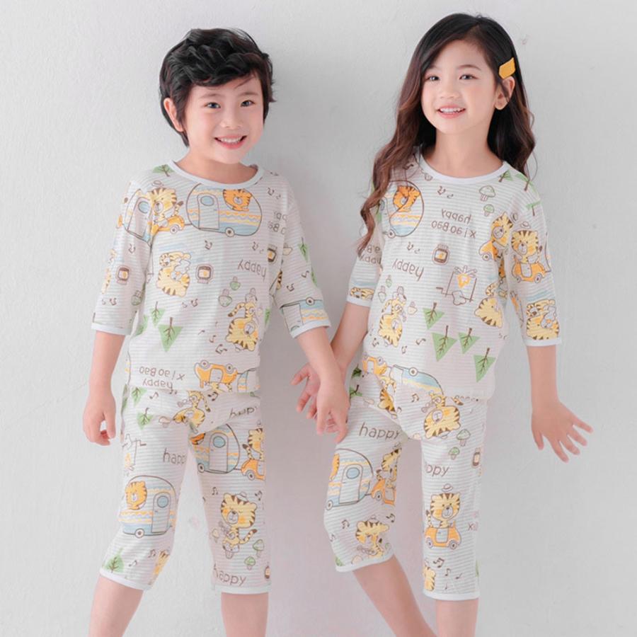 ☆ トラ 120cm 子供服 nazhu002 パジャマ 上下セット 夏 キッズ ルームウエア 7分袖 7分丈 パンツ ハーフパンツ ...