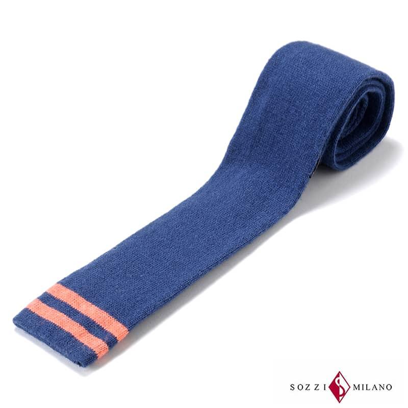 SOZZI / ソッツィウールカシミヤジャカードストライプ柄ニットネクタイ(C3868Q)（ネイビー×サーモンピンク ...