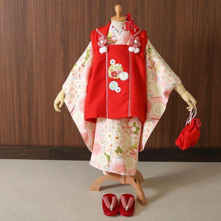 七五三 被布セット3歳 牡丹に花薬玉(ピンク 被布:赤) 三つ身 七五三 被布セット3歳 牡丹に花薬玉(ピンク 被布:赤) 三つ身