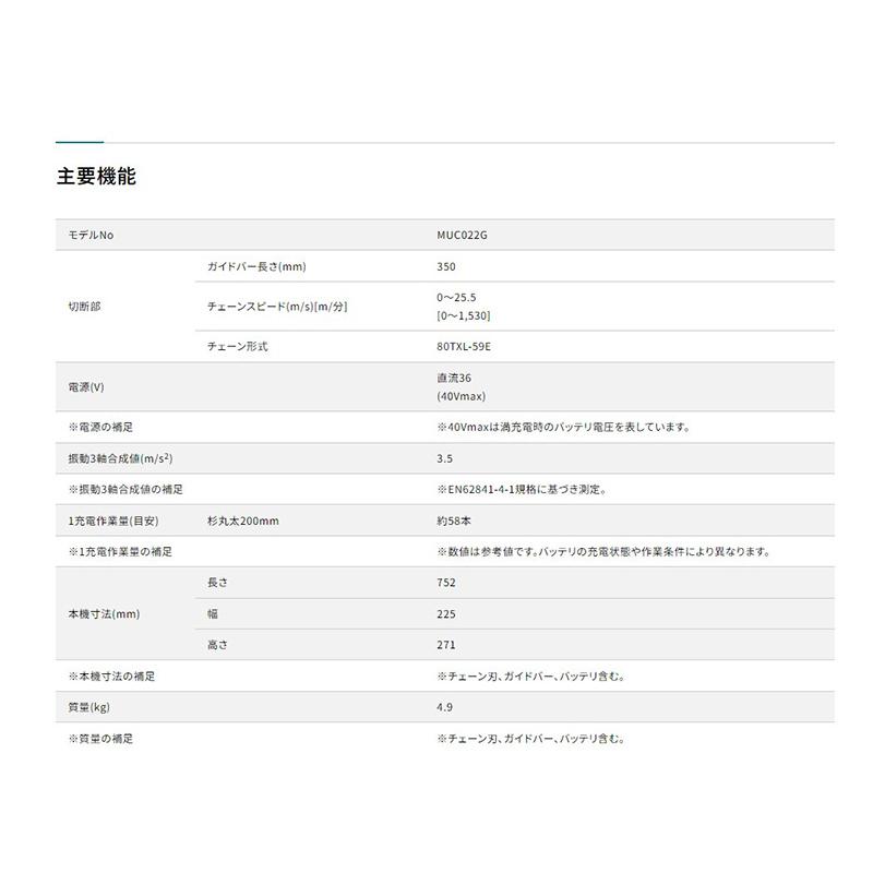 マキタ（makita） 【正規店】 充電式チェンソー MUC022GRU 40V 35mLエンジンクラス同等 350mm 80TXL バッテリ ...