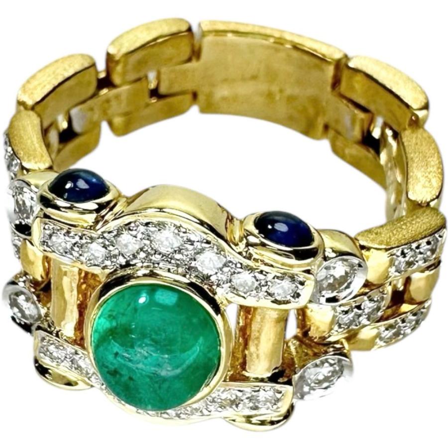 14号 チェーンリング エメラルド（カボション） 0.91ct サファイア 0.39ct ダイヤモンド 0.45ct リング・指輪 K18ゴールド 8.7g レディース ...