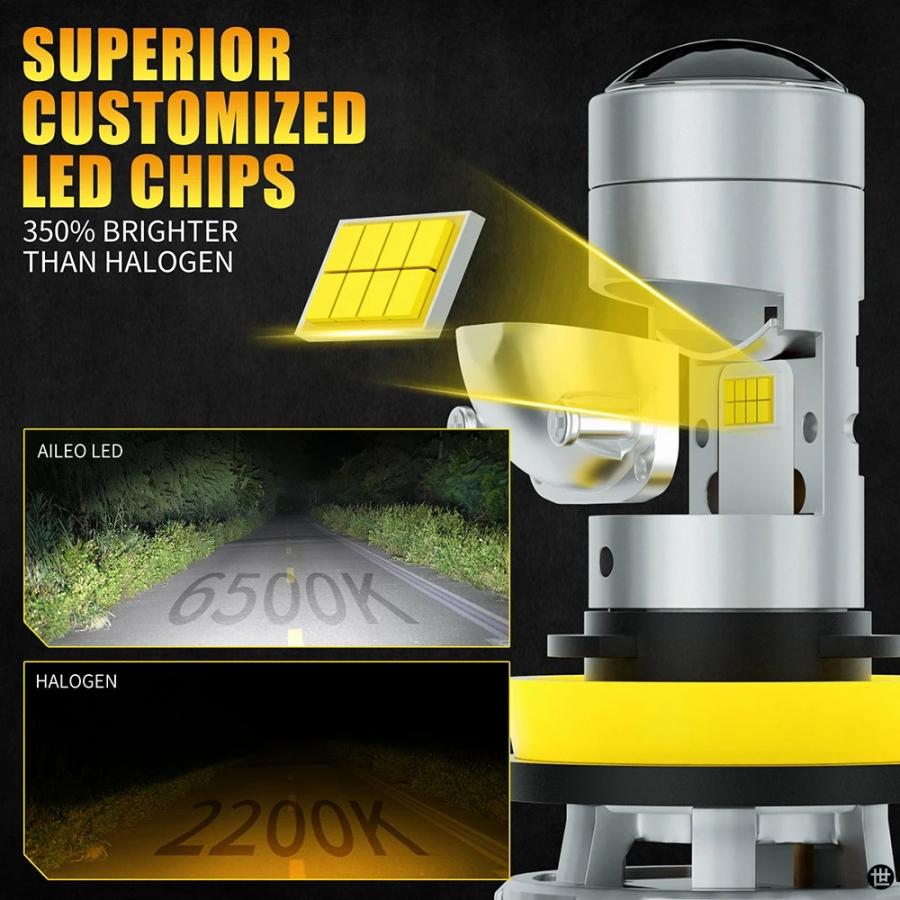 AILEO 2 個 H11 LED プロジェクターレンズ H7 H8 H9 HB3 9005 HB4 9006 H4 HB2 ワイヤレス 電球 6000K 32000LM 100W LHD ...