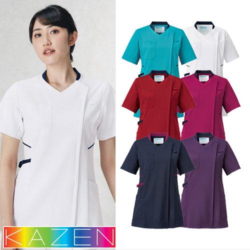 レディススクラブジャケット 半袖 986 白衣 医療 カゼン KAZEN 女性用 医師 看護師 ナース ニット 軽い 衿付き 病院 介護 かわいい おしゃれ : スクラブ 白衣 ドクターコート ...