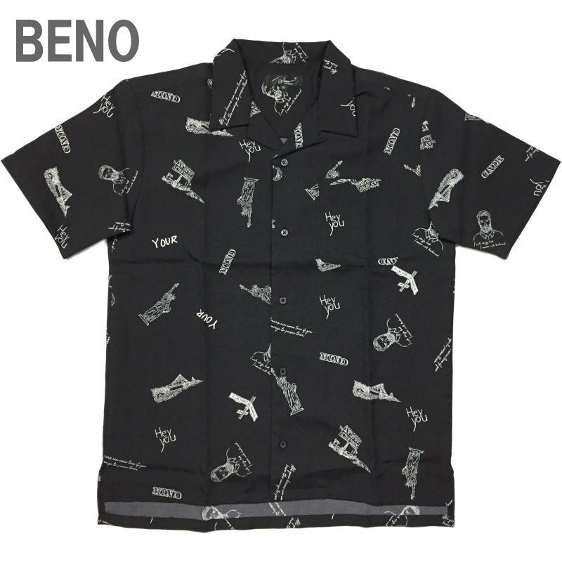 Beno（ビーノ） 総柄 アメリカン グラフィック オープン カラー 半袖シャツ ポリシャツ ワンポケット レトロ ペイントタッチ 自由の女神 ...
