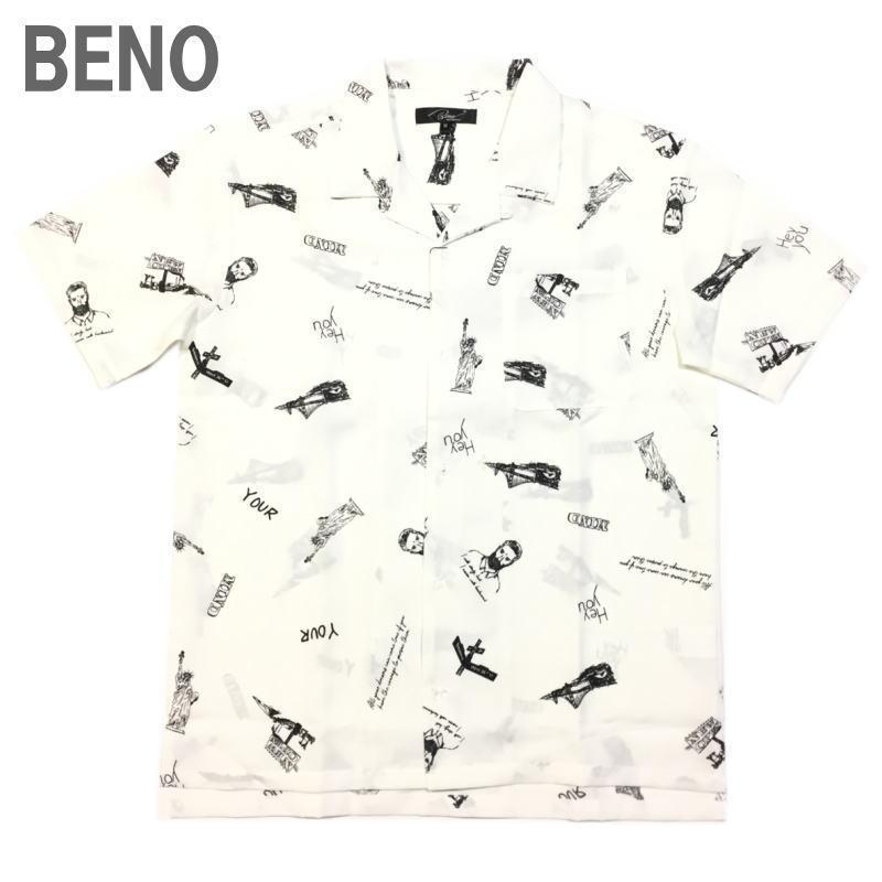 Beno（ビーノ） 総柄 アメリカン グラフィック オープン カラー 半袖シャツ ポリシャツ ワンポケット レトロ ペイントタッチ 自由の女神 ...