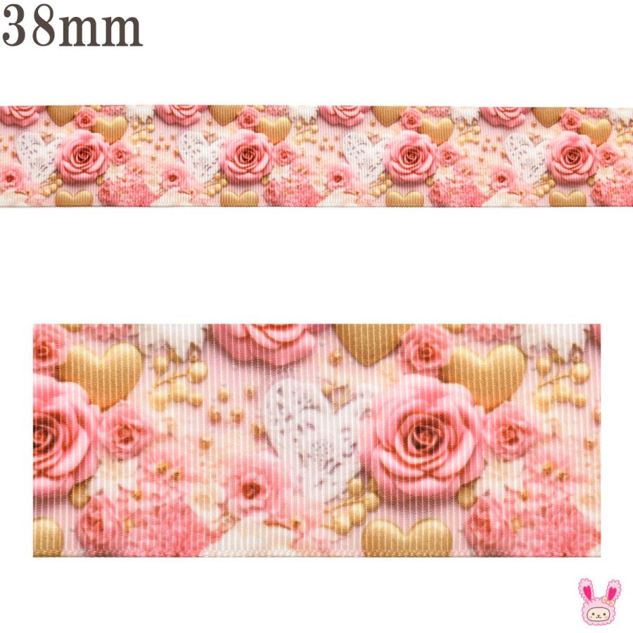 プリントリボン 3Dピンクの薔薇とロマンチックハートリボン 幅38mm 1m単位 切り売り (3m以上) : まんま母さんのりぼん - 通販 ...