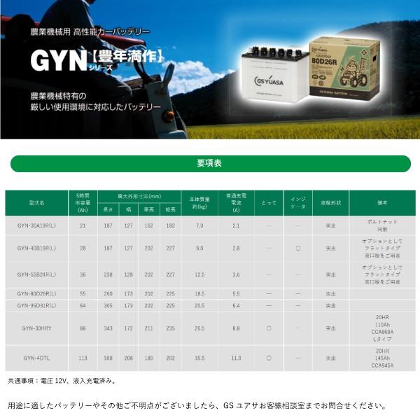 GSユアサバッテリー GYN-80D26R GYN 豊年満作 農業機械用バッテリー GS YUASA :15591:まんてんライフ - 通販 ...