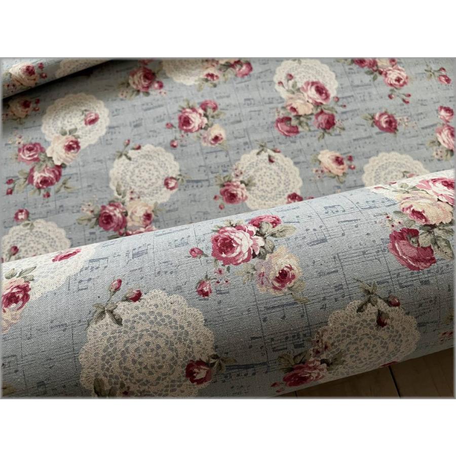 marble 50cm 綿麻キャンバス 生地 バラ 薔薇 ドイリー 五線譜 コラージュ おしゃれ プリント blue 2C : マーブル ...