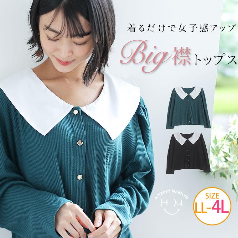 大きいサイズ レディース トップス 配色 ビッグ襟 リブトップス カットソー プルオーバー LL 3L 4L 秋 秋物 秋服 冬 冬物 冬服 : 大きいサイズ レディース マリリン - 通販 ...