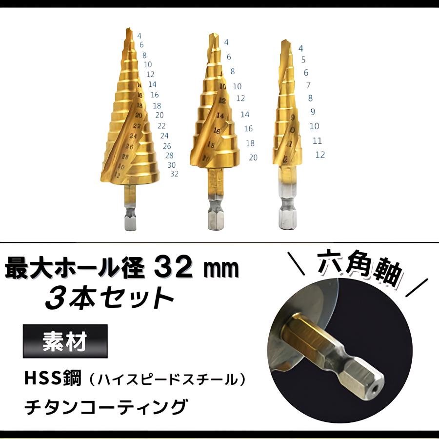 ステップドリル 3本 最大 32mm ハードケース付き スパイラルドリル 穴あけ 電動ドリル タケノコドリル チタンコーティング 六角軸 HSS DIY ドリル刃 : marines ...