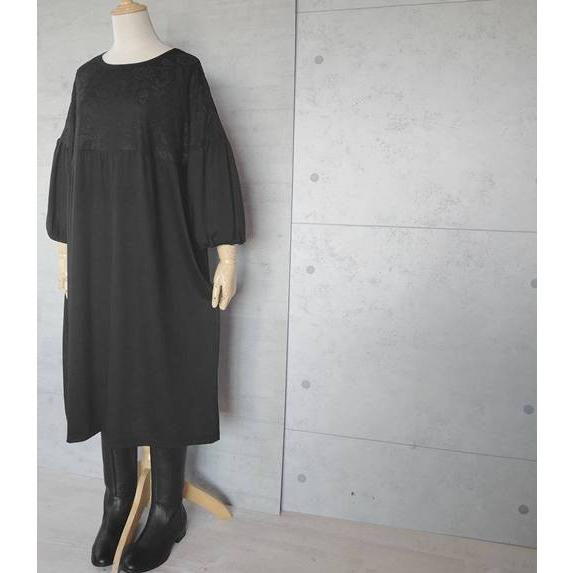ワンピース チュニック ボリューム袖 春 ポワン レディース カットソー 40代 50代 かわいい ひざ下丈 Aライン 大きいサイズ ギャザー ワンピー 黒×レース : torico-plus ...