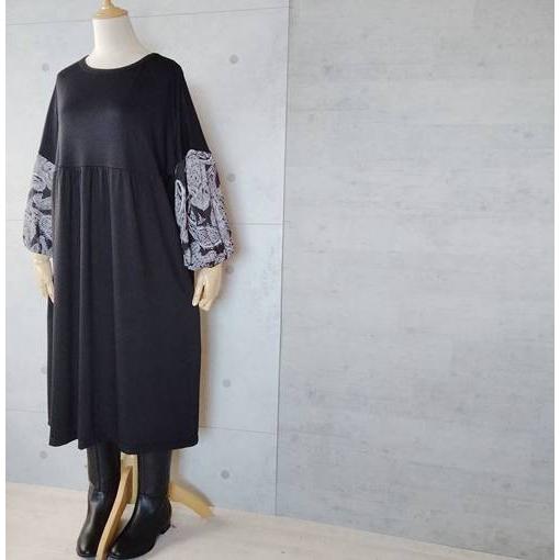 ワンピース チュニック ボリューム袖 春 ポワン レディース カットソー 40代 50代 かわいい ひざ下丈 Aライン 大きいサイズ ギャザー ワンピー 黒×ペイズリー : torico ...