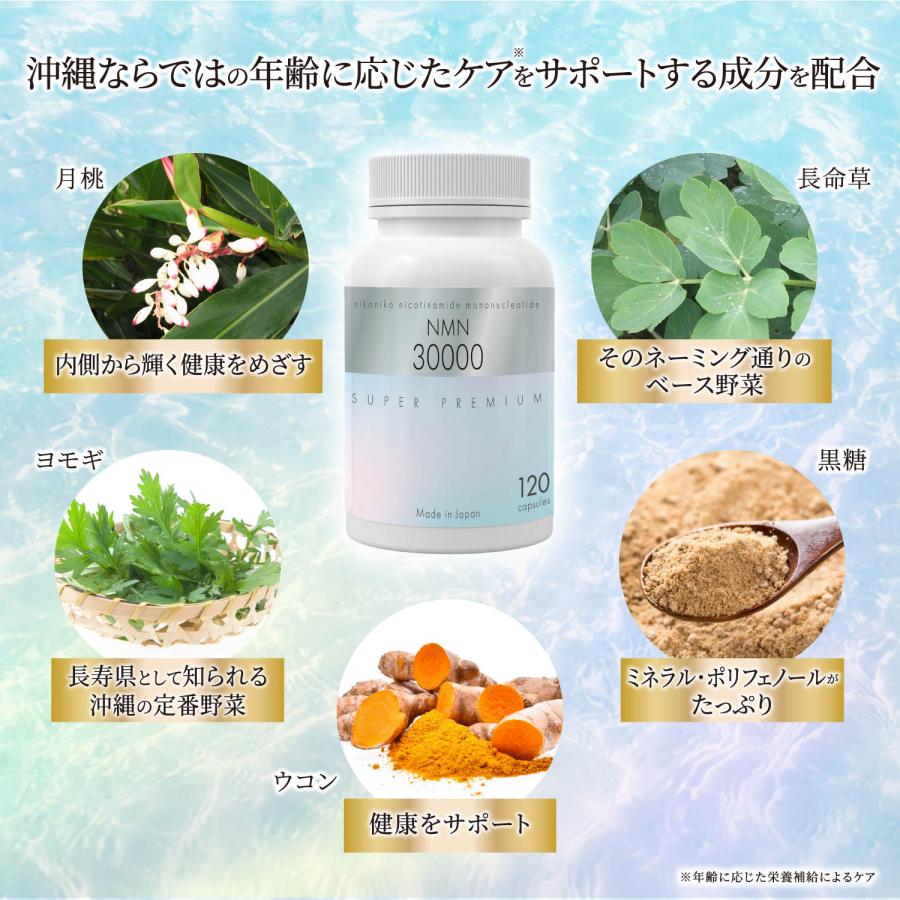NMN サプリメント NMN30000 1粒に250mg 日本製 高純度99%以上 長命草 月桃 よもぎ 120カプセル 植物性カプセル 沖縄 ...